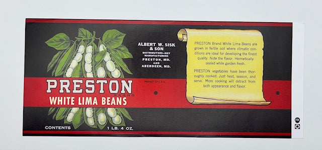 Preston White Lima Beans Label| Frontline Rations